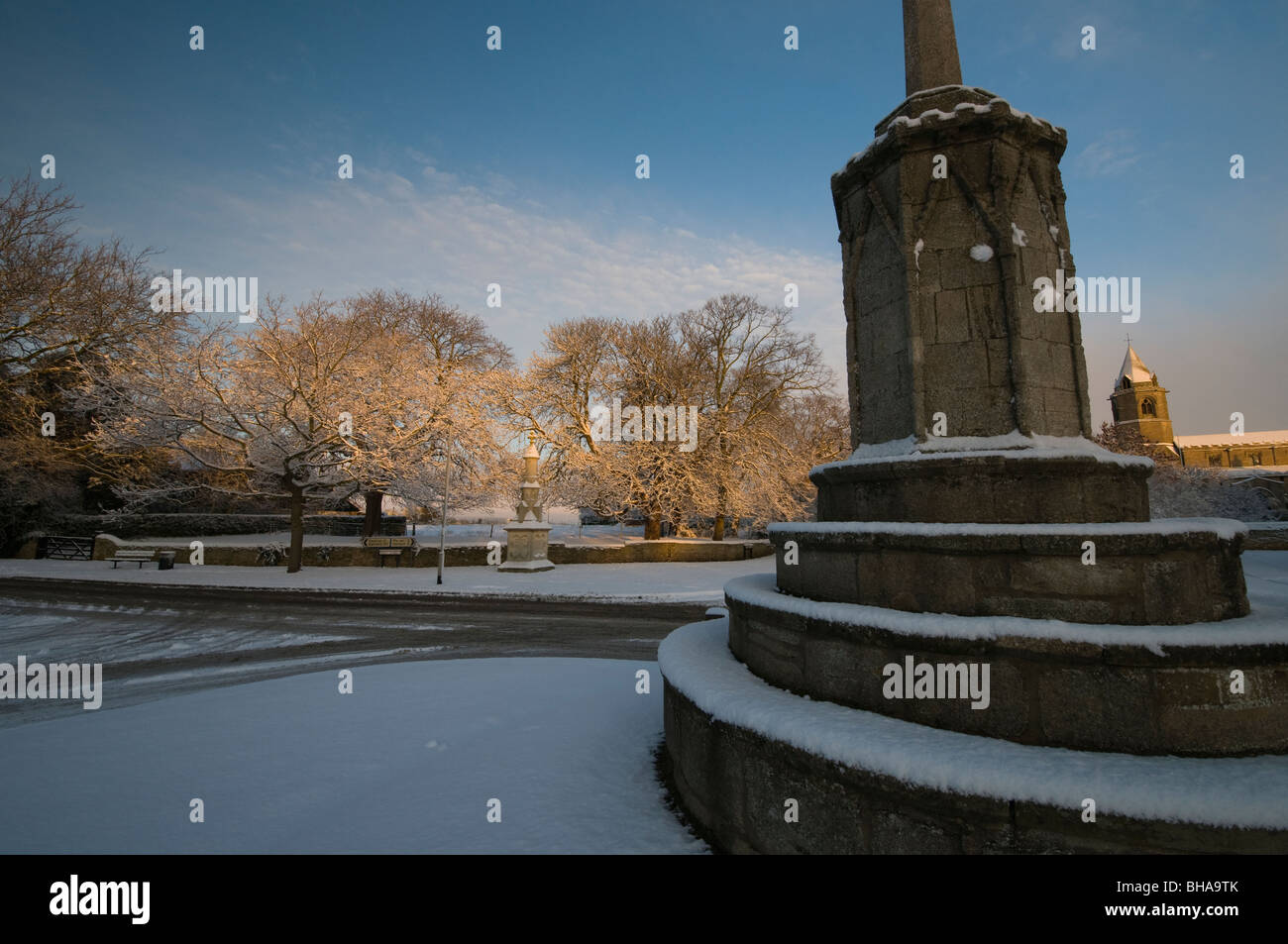 A snow covered winter morning in the village of Helpston at the ...