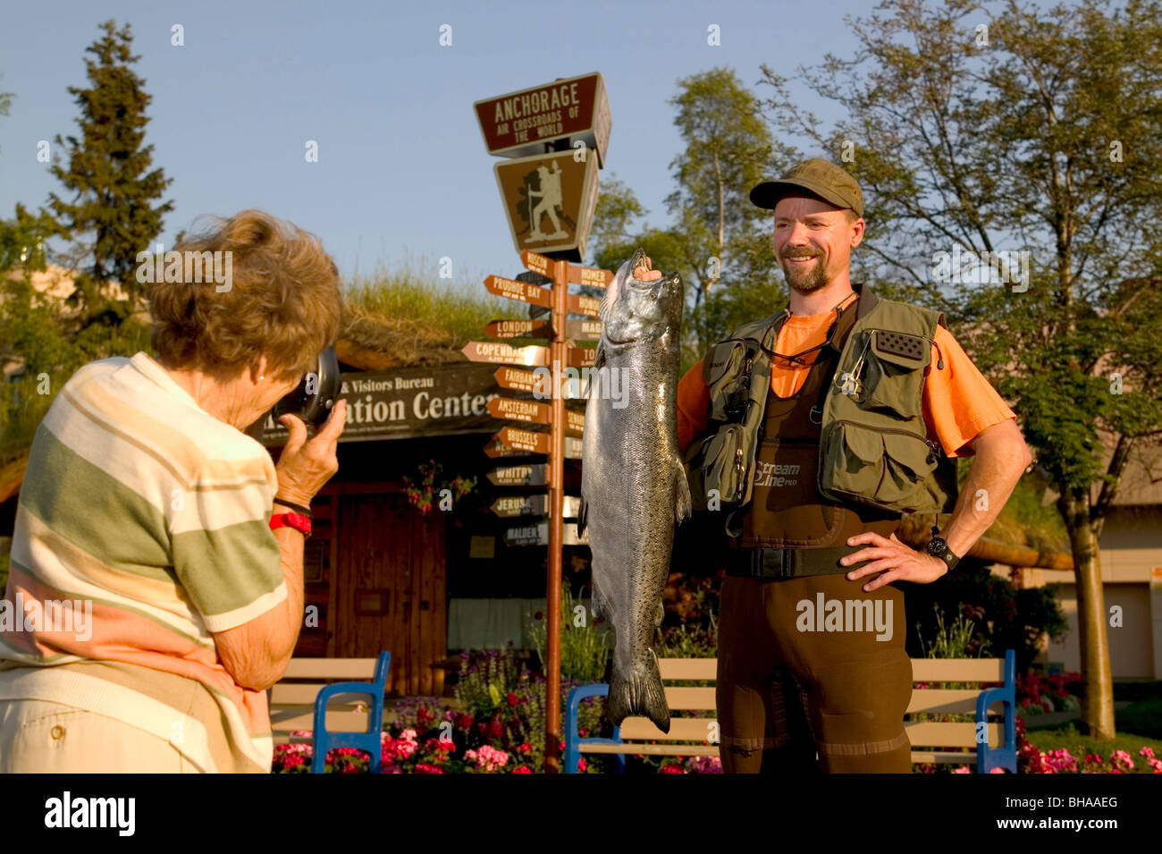 Man Poses w/King Salmon Downtown Anchorage Digital AK SC Summer ACVB ...