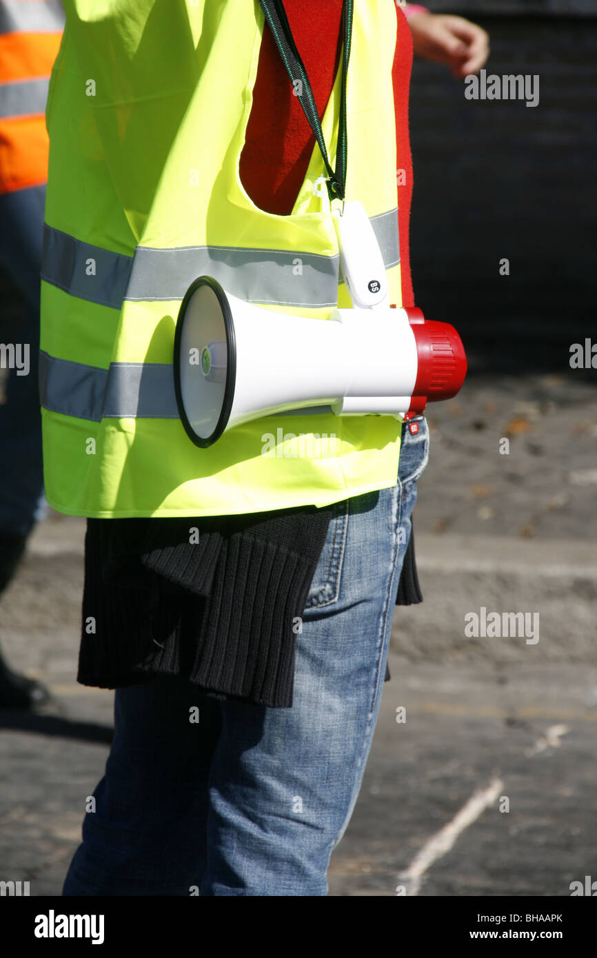 person with megaphone at political rally demo in city town Stock Photo ...