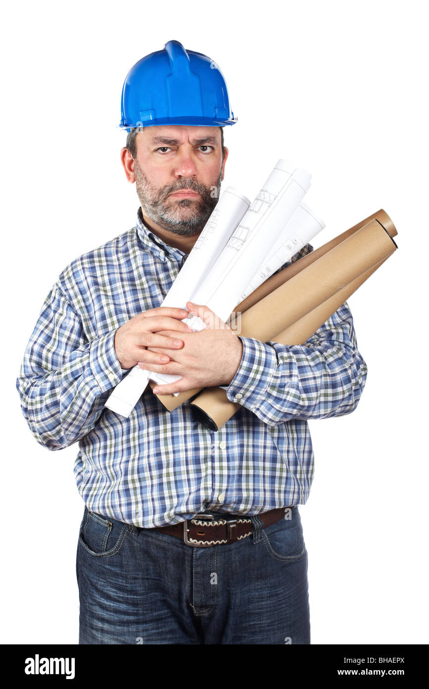 Construction worker holding blueprints, isolated on a white background ...