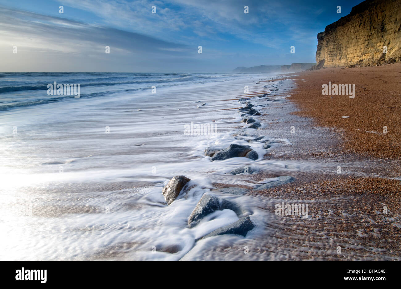 Golden Cliffs in early evening sunlight at Burton Bradstock, Dorset ...