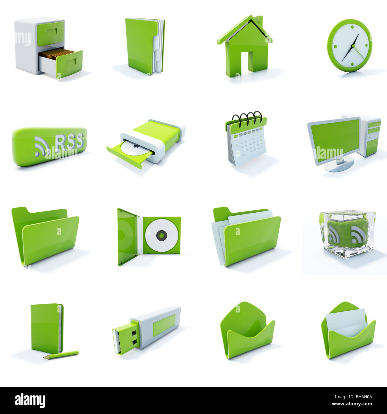 16 green plastic 3d icons isolated on white Stock Photo - Alamy