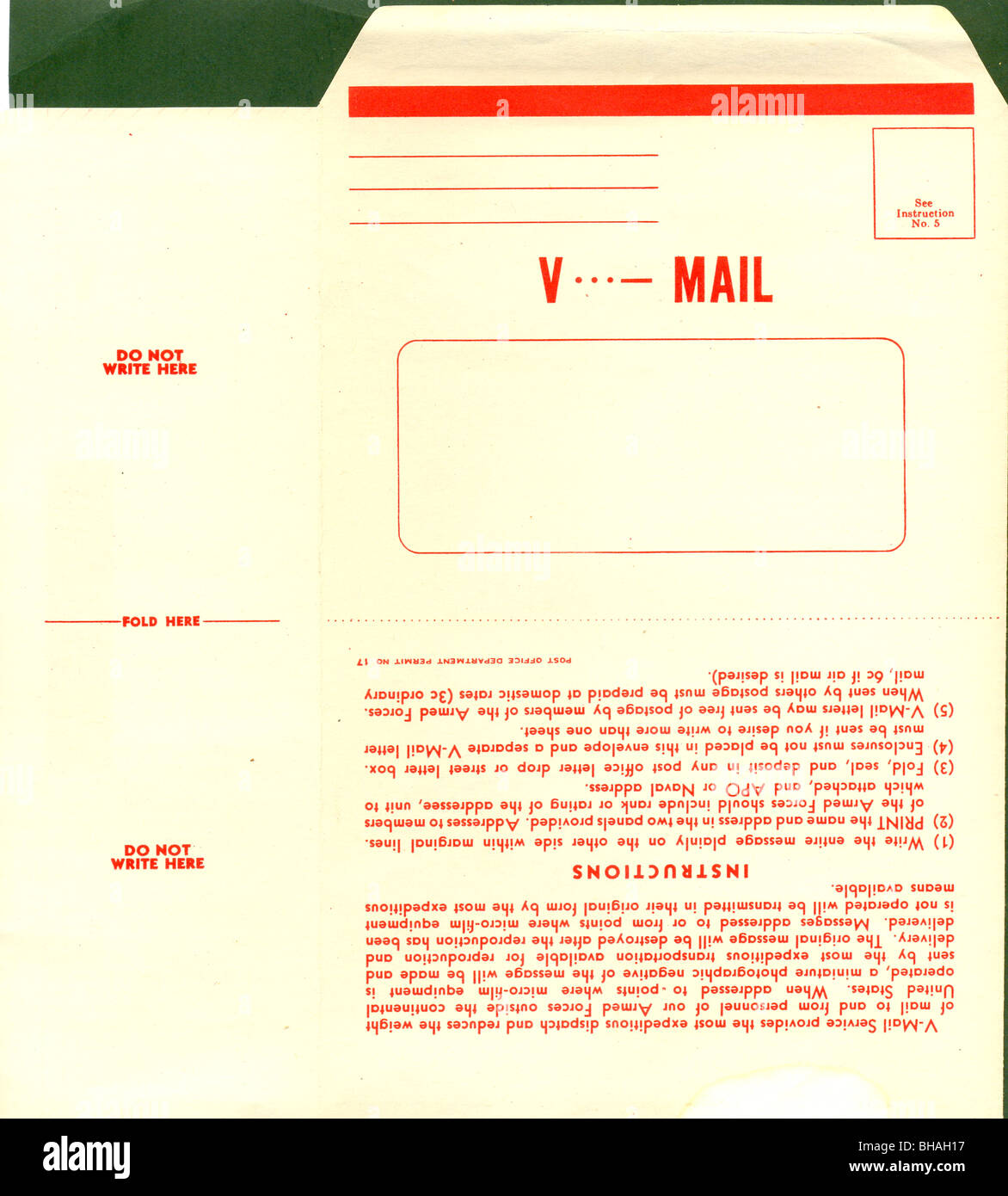 United States V-Mail form for Armed Forces to send free airmail Stock ...