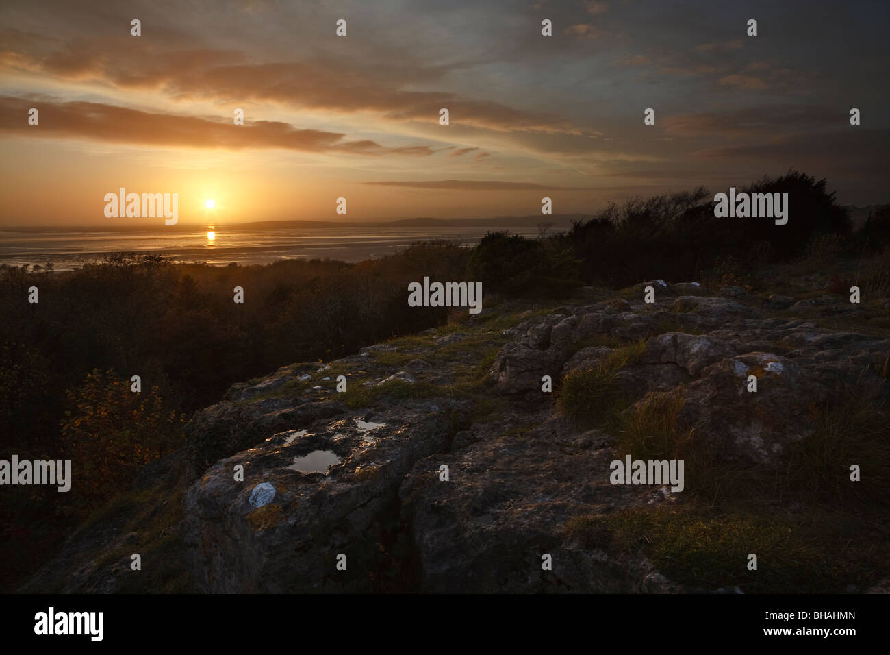 Sunset view across Morecambe Bay from Eaves Wood, Silverdale ...