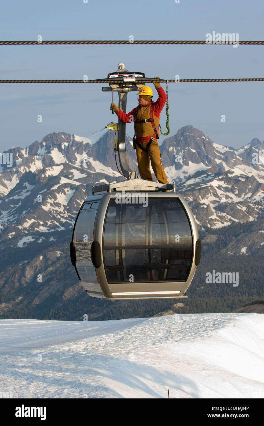 Ski resort workers working on top of a gondola with mountains and snow ...