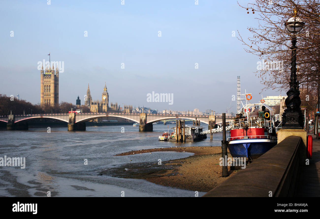 View down the River Thames towards the Houses of Parliament from near ...