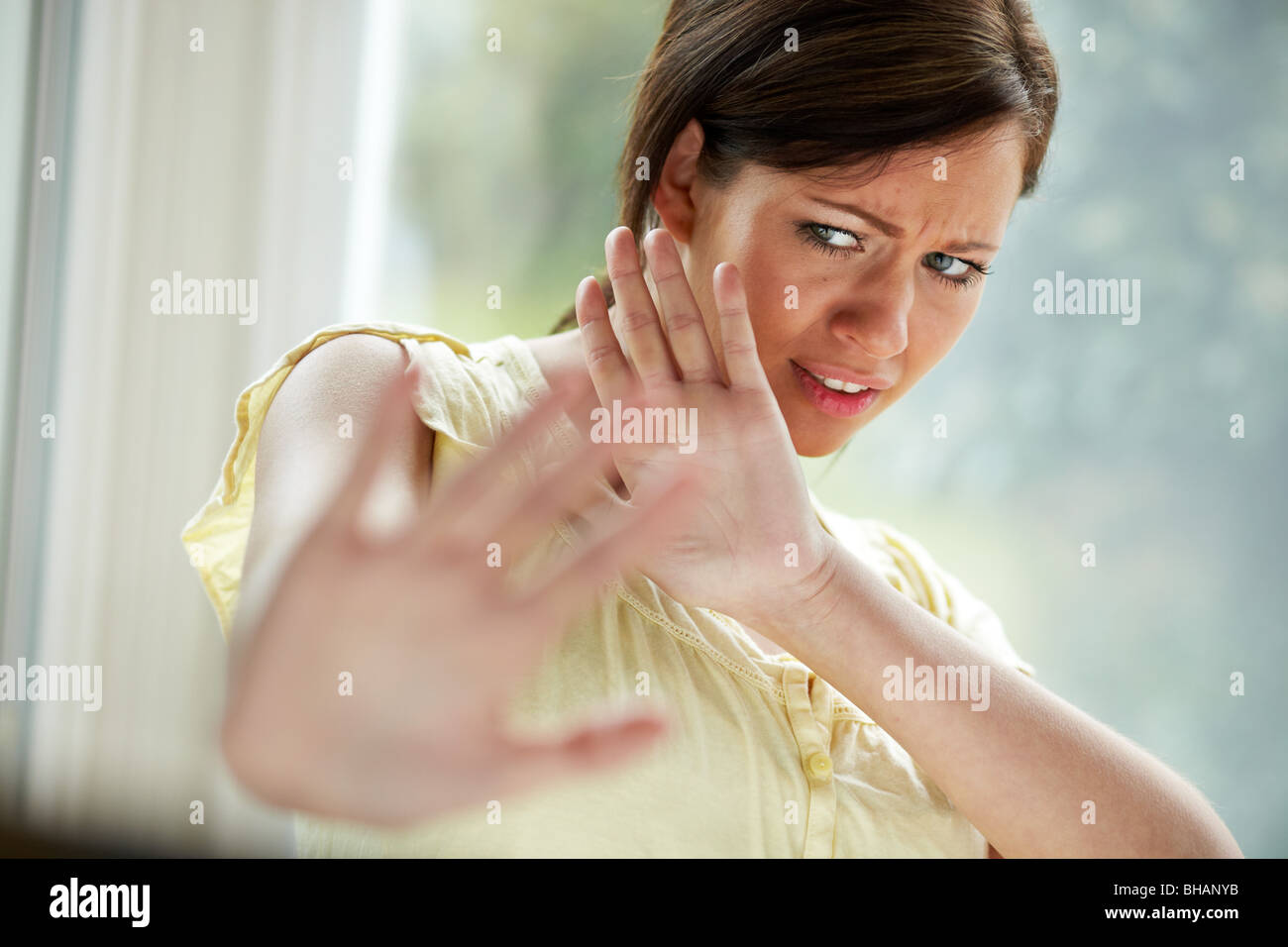 Woman with hand out Stock Photo - Alamy