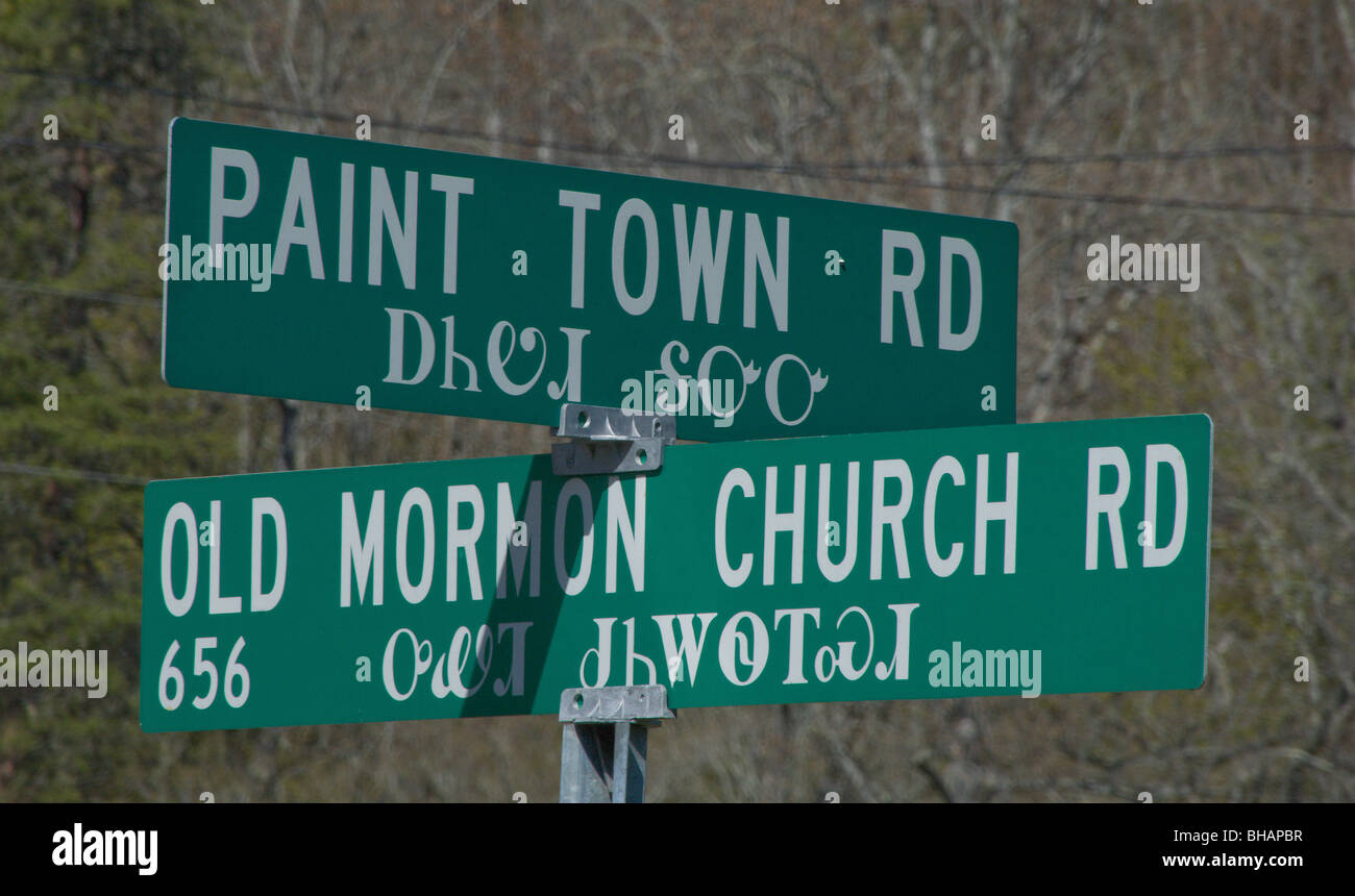 Street signs with Cherokee names, in Cherokee, North Carolina Stock ...