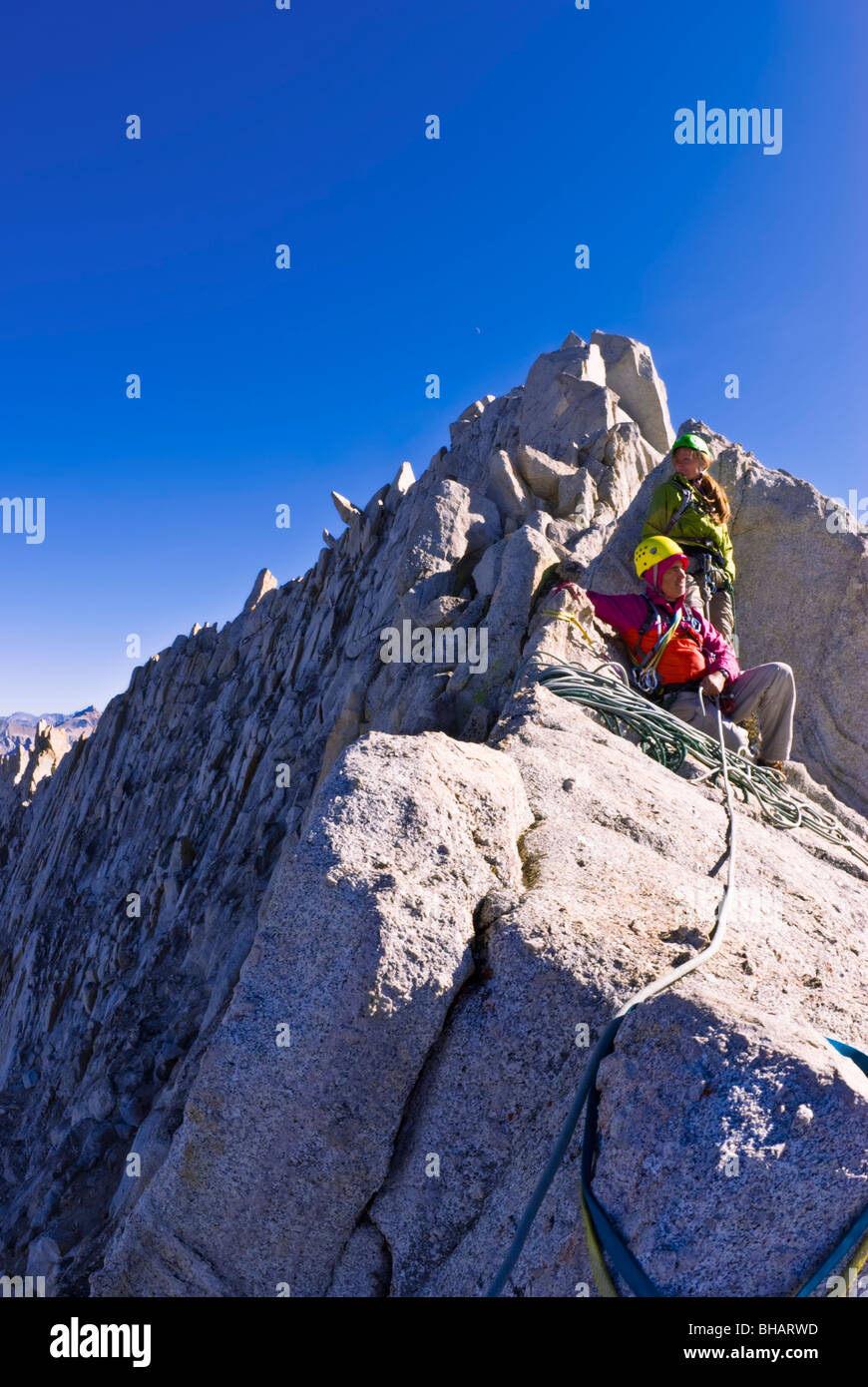 Climbers on the northeast ridge of Bear Creek Spire, John Muir ...