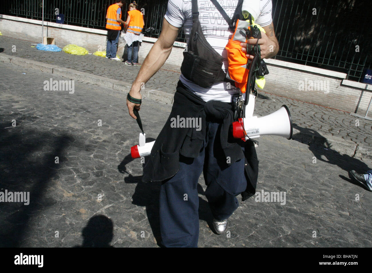 person with megaphone at political rally demo in city town Stock Photo ...