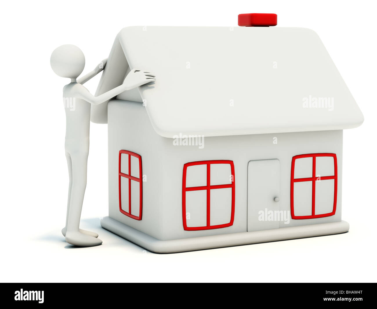 Man with little home isolated on white Stock Photo - Alamy