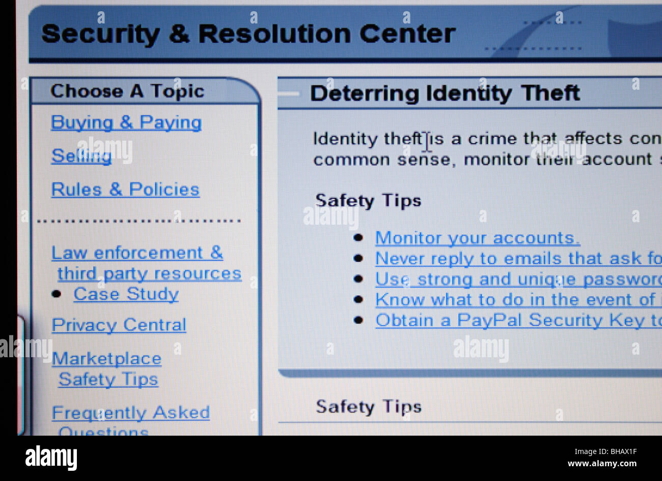 Paypal security page about identity theft and account protection Stock ...