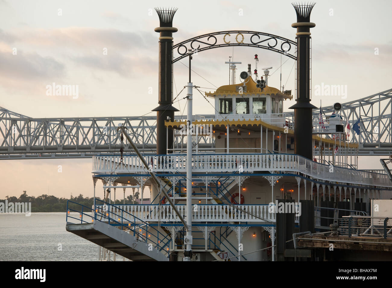 Creole Queen docked early in the morning on the Mississippi River with ...