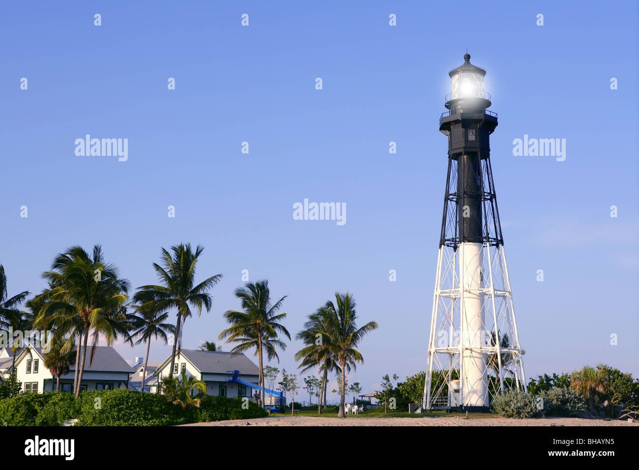 Florida Pompano Beach Lighthouse palm trees and blue sky Stock Photo ...