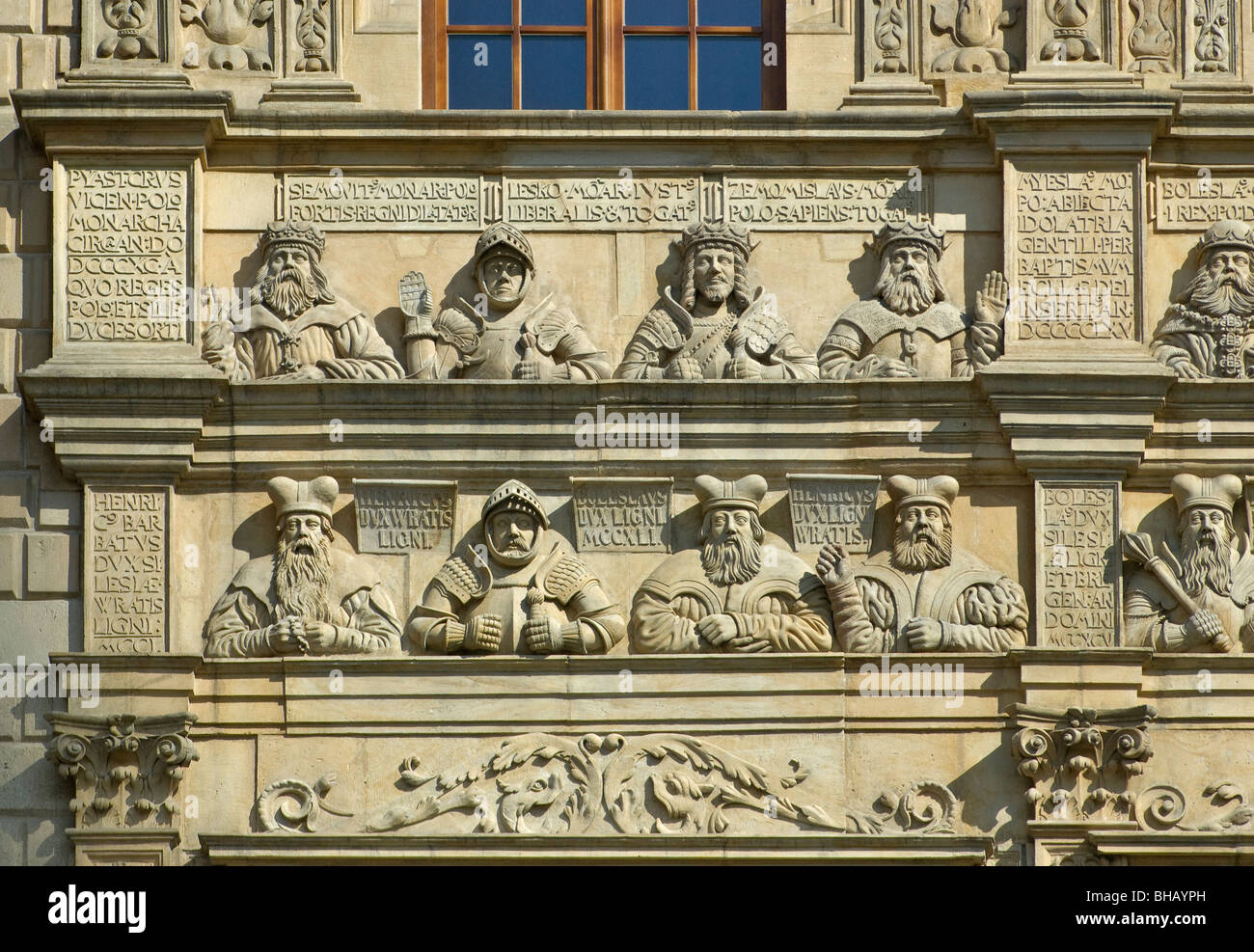 Reliefs of kings of Poland and Piast princes of Silesia at castle in ...