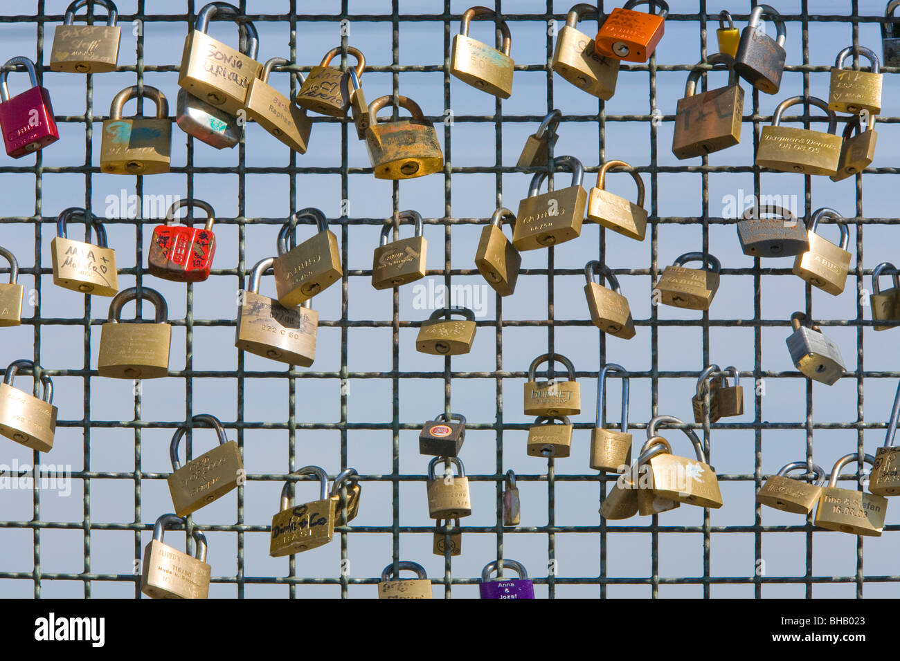 DIFFERENT PADLOCKS WITH NAMES, COLOGNE, NORTH RHINE-WESTPHALIA, GERMANY ...