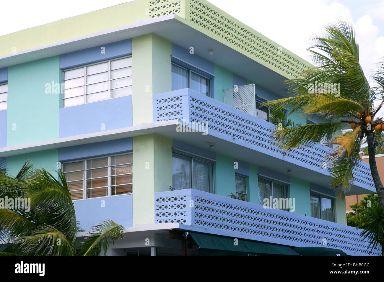 Miami South Beach Art Deco district with colorful buildings and palm ...