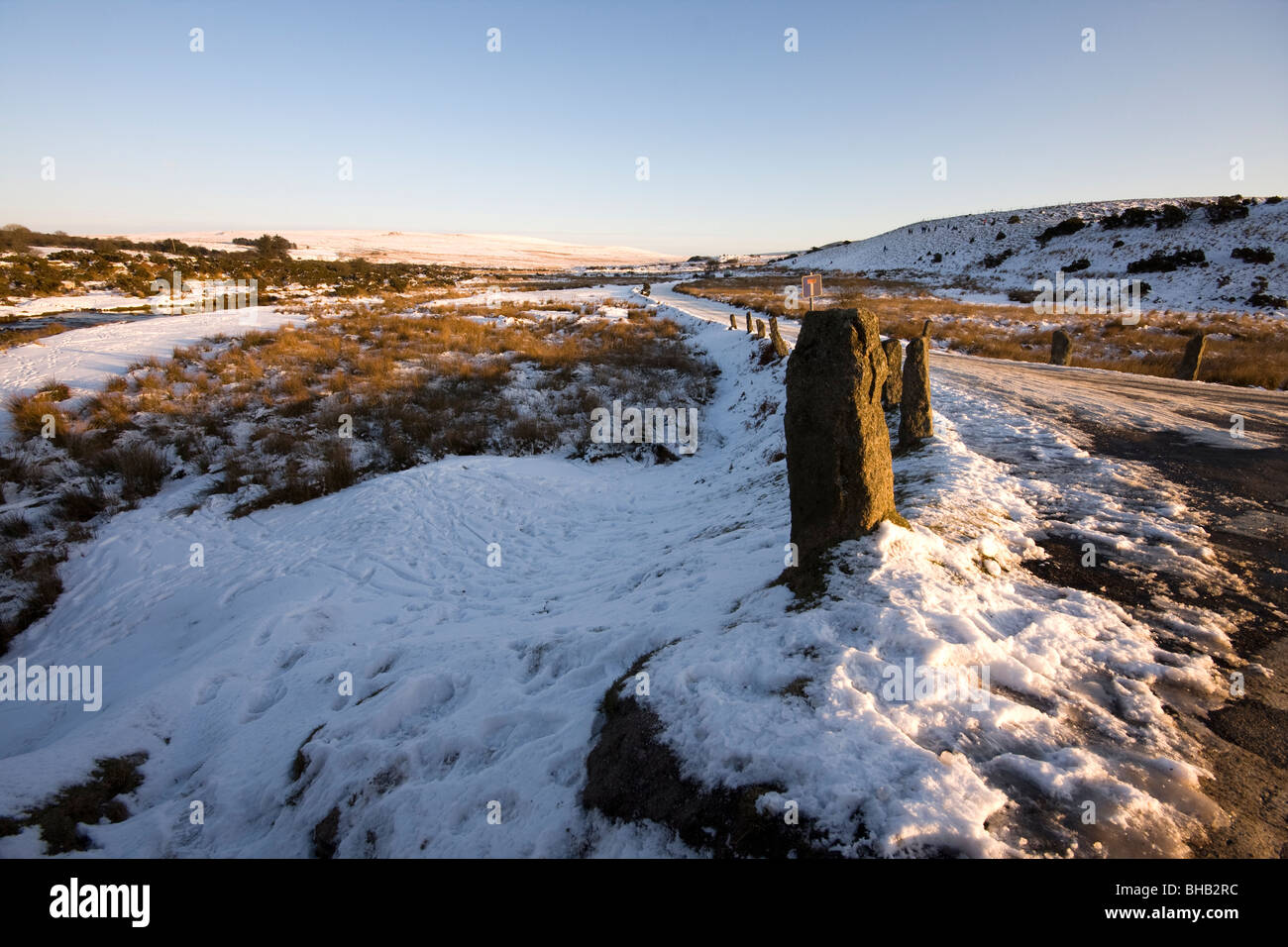 Icy road at Cadover Bridge on Dartmoor Stock Photo - Alamy
