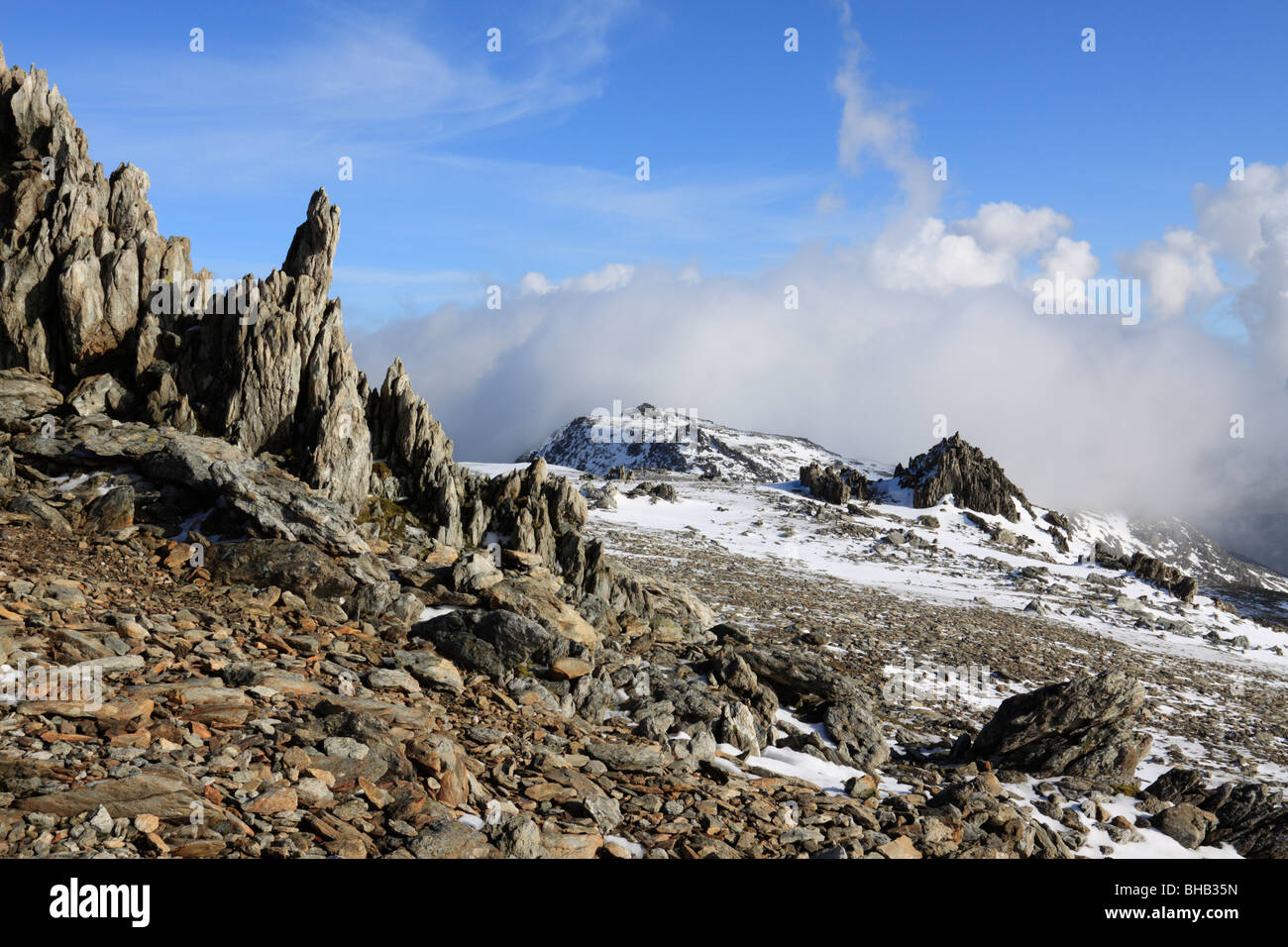 The summit of Glyder Fach viewed from neighboring Glyder Fawr, in the ...