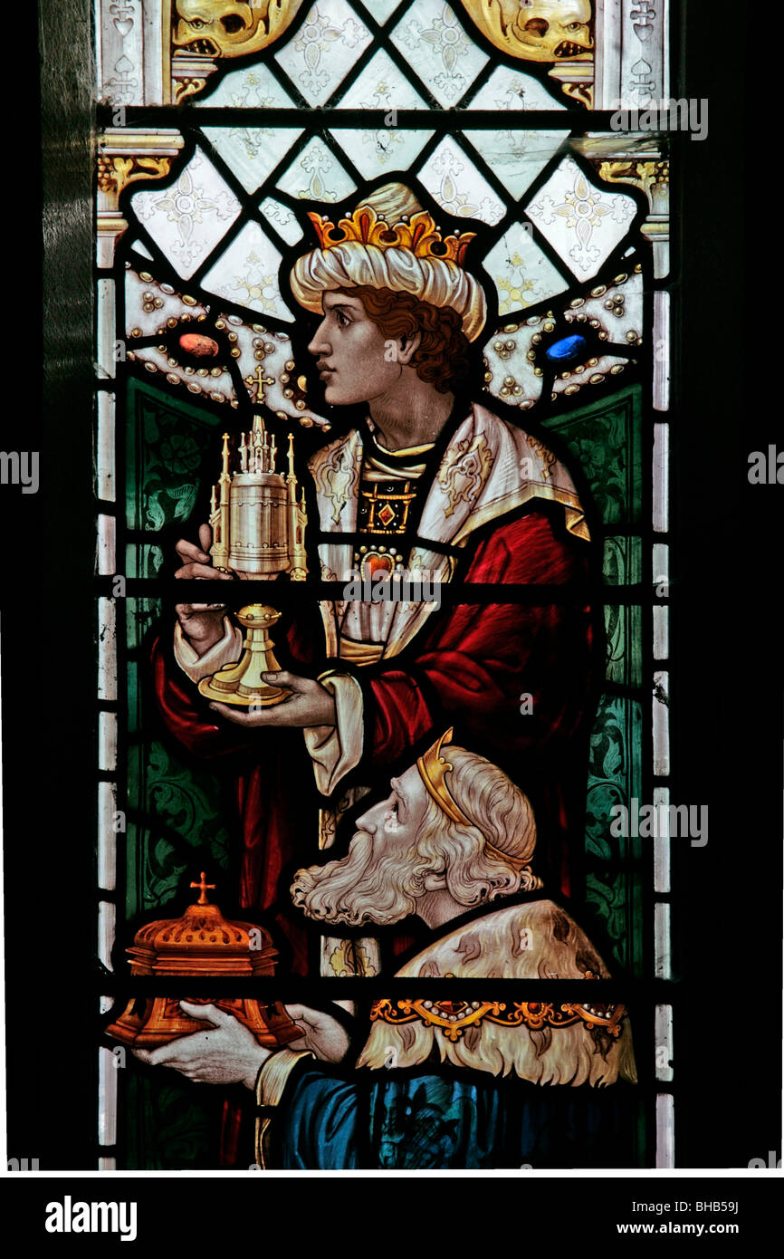 A stained glass window depicting two of the Magi bringing offerings to ...