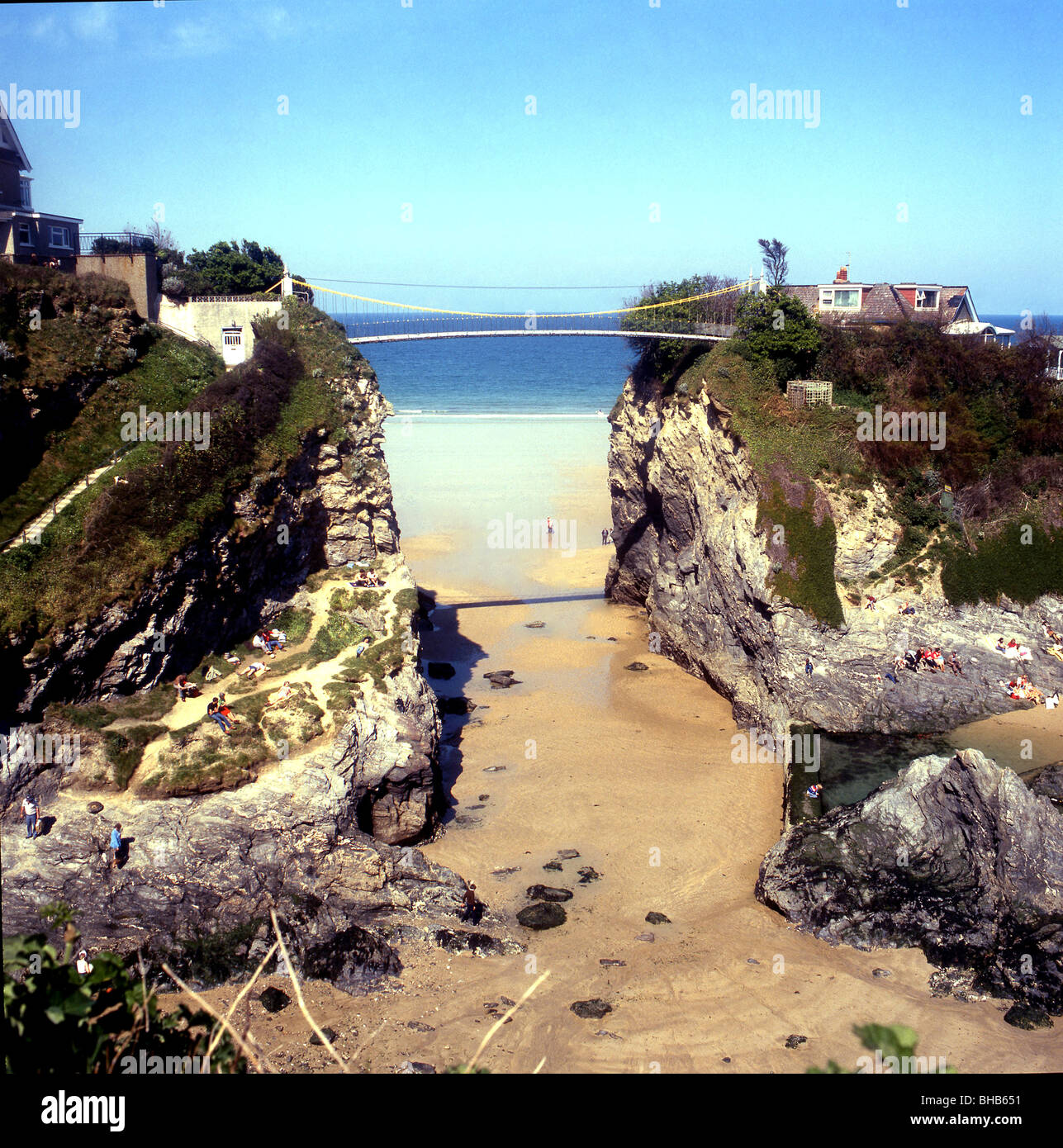 Beach and suspension Bridge at Newquay in Devon Stock Photo - Alamy