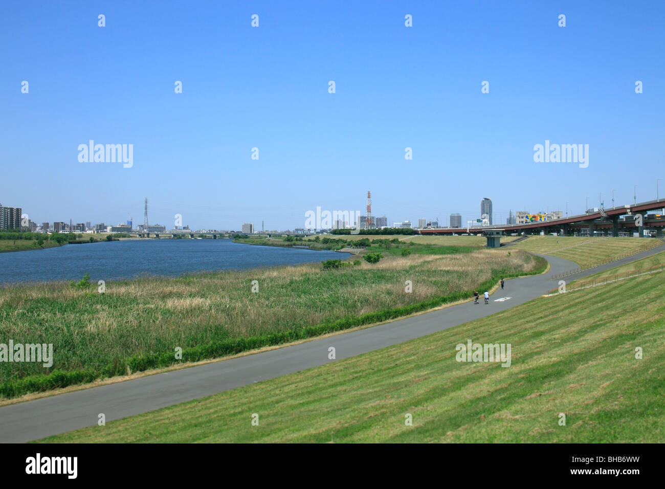 Japan, Tokyo Prefecture, Adachi Ward, Arakawa River, View of city and ...