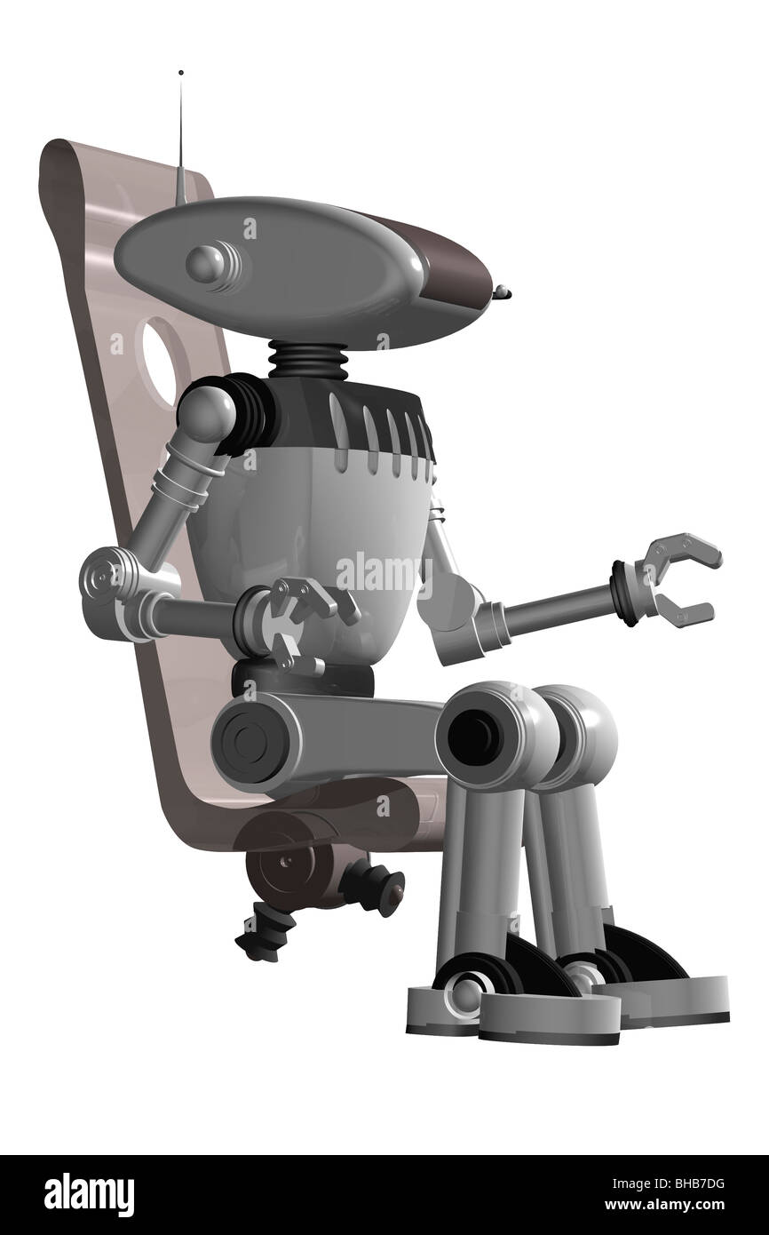 Robot sitting on chair against white background Stock Photo - Alamy