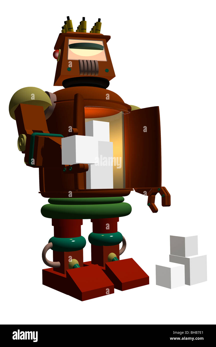 Robot holding block against white background Stock Photo - Alamy