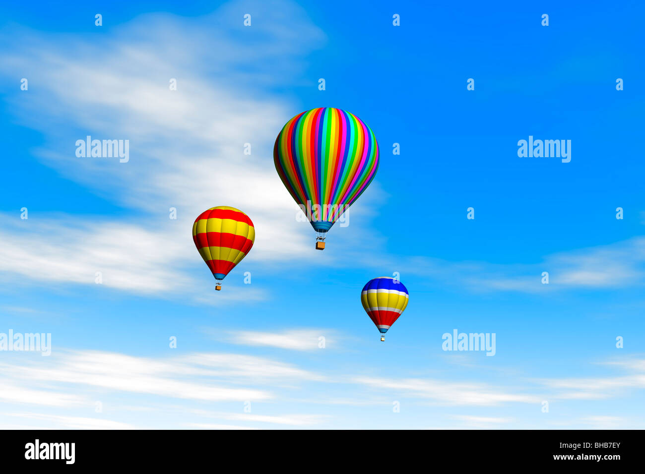 Three hot air balloons flying mid-air Stock Photo - Alamy