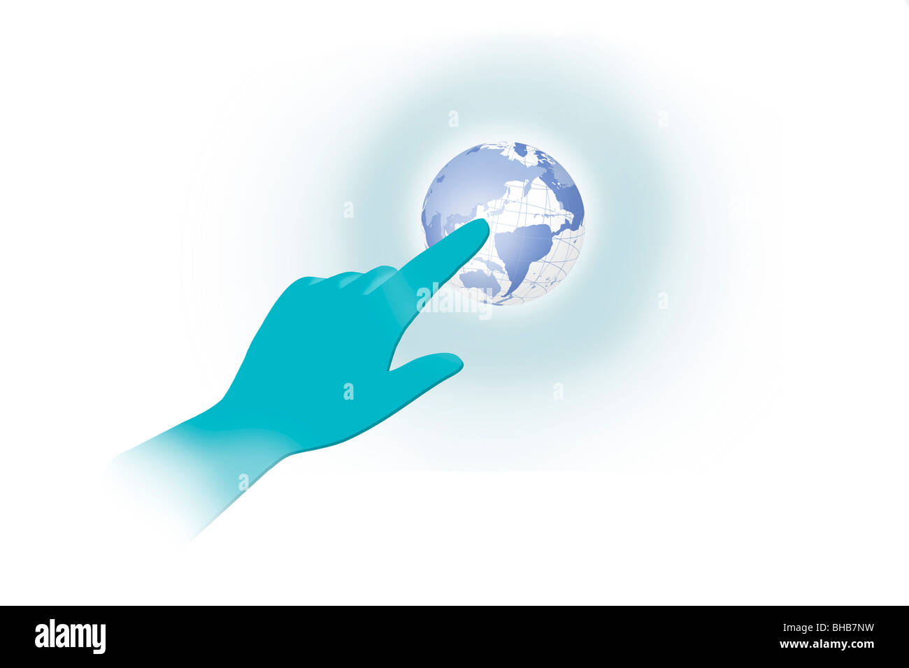 Human hand touching globe Stock Photo - Alamy