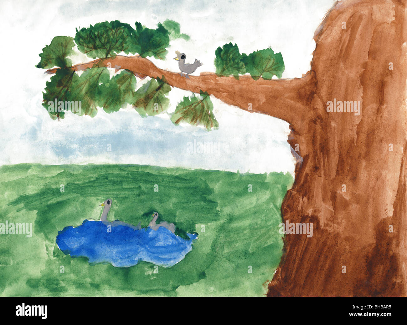 Children's colored drawing - tree and birds Stock Photo - Alamy