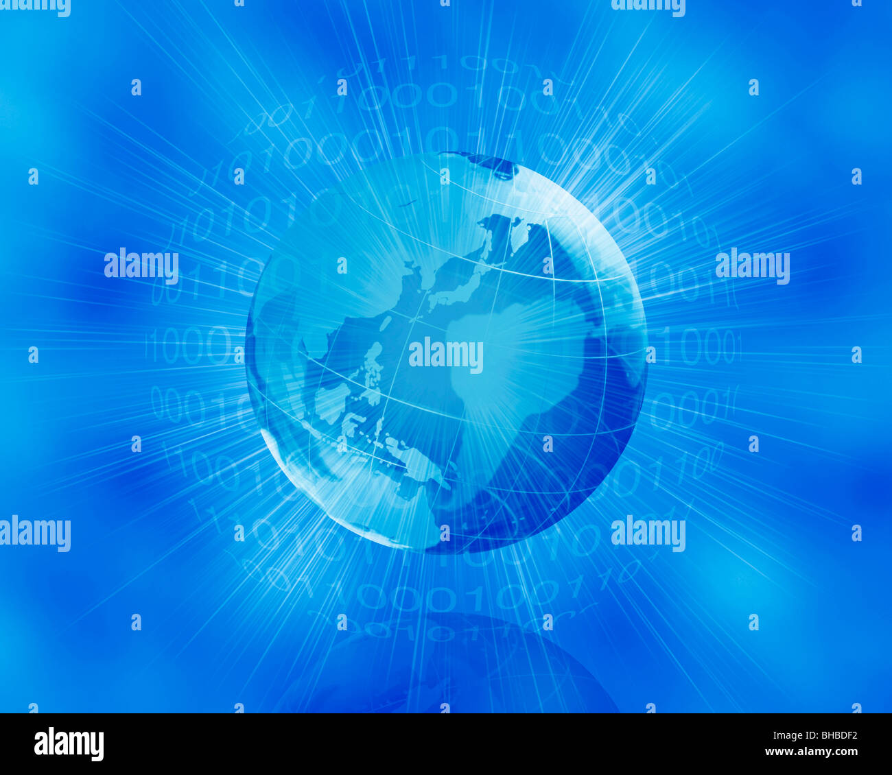 Globe and binary codes against blue background (digitally generated ...