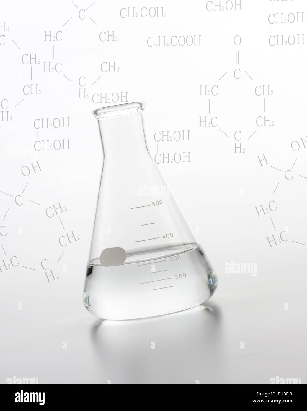 Conical flask and molecular structures on white background Stock Photo ...