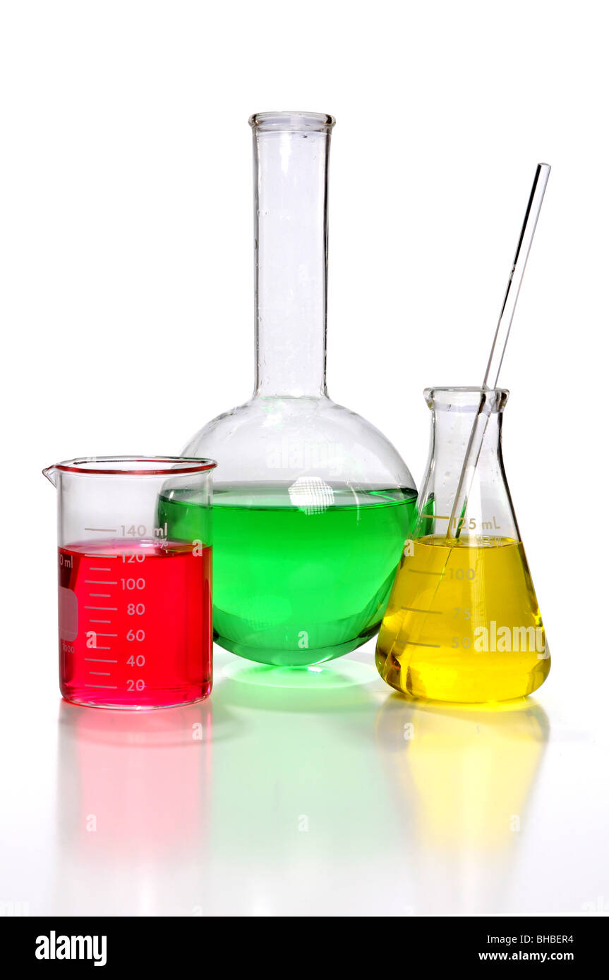 Laboratory glassware with Flasks and beaker isolated over white ...