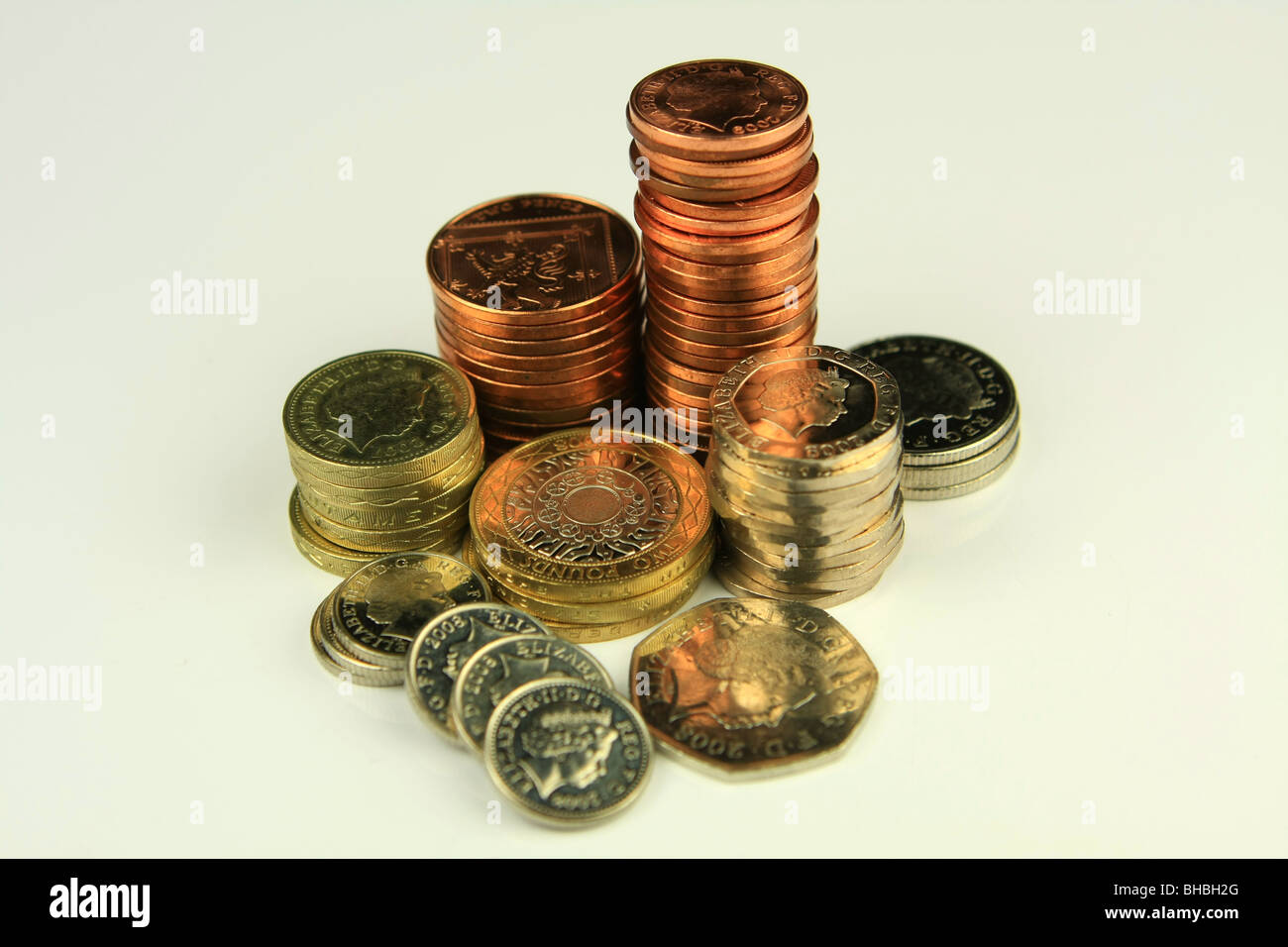 stacks of different denomination sterling coins with the 5p stack ...