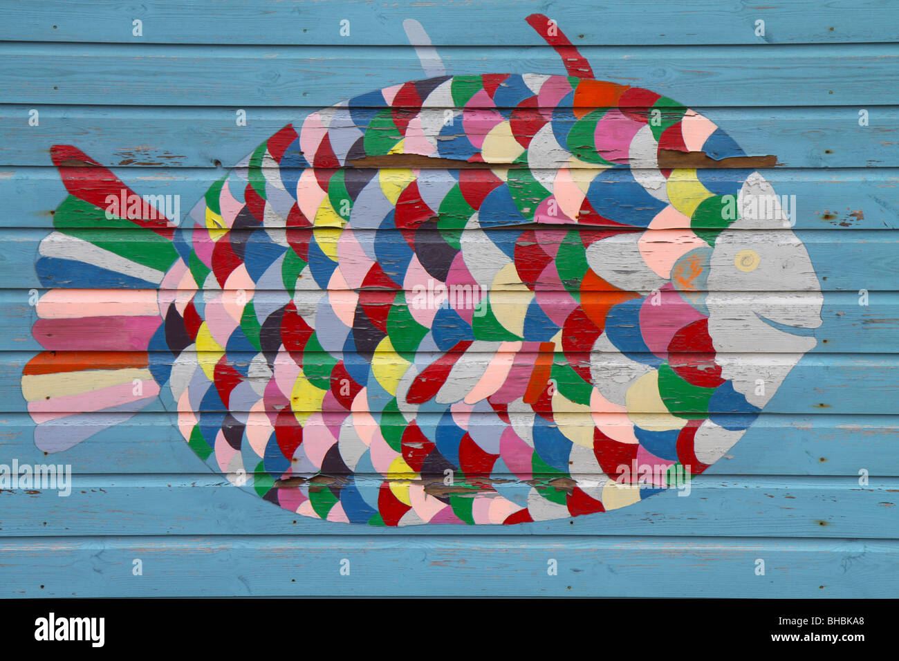 Colorful Fish Mural on the side of a beach hut on Hayling Island ...