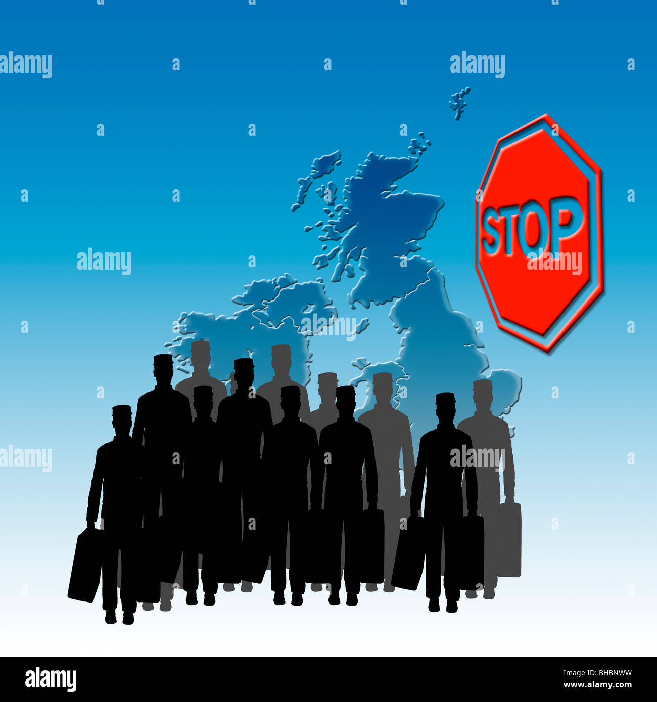 Stop Immigration! Conceptual image of people attempting to enter the UK ...