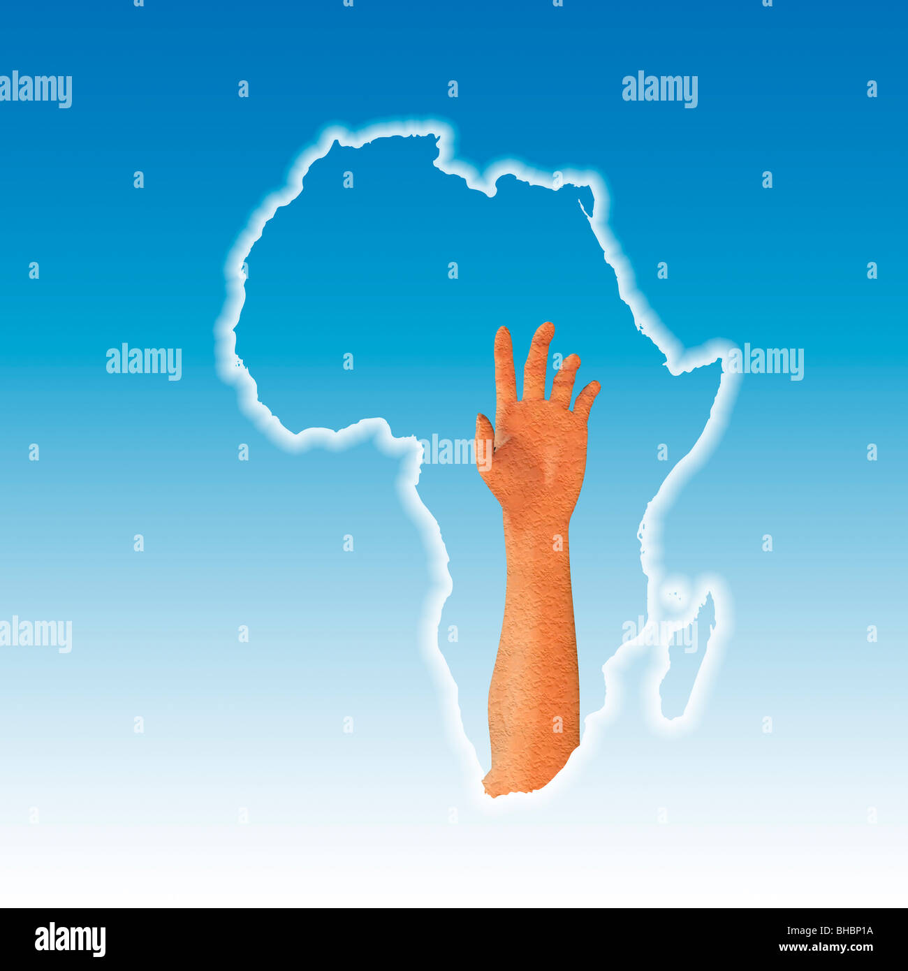 Map of Africa with a mans hand reaching up for help Stock Photo - Alamy