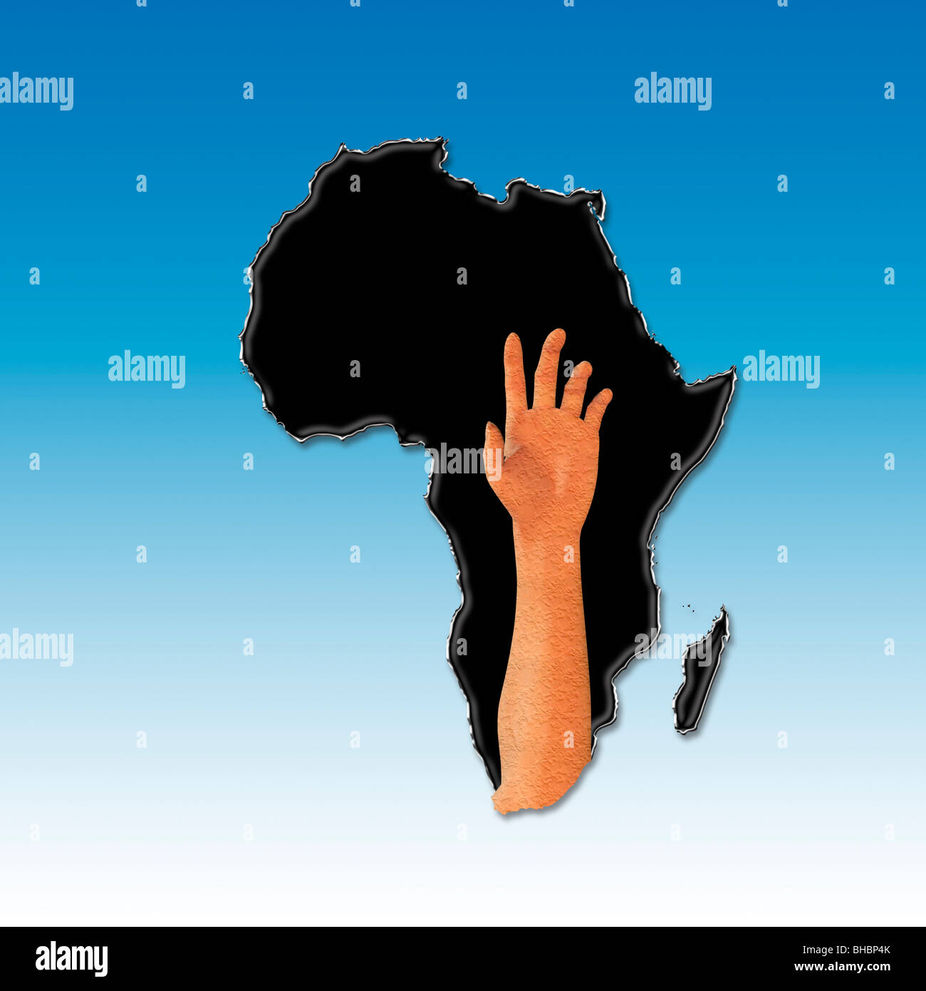 Map of Africa with a mans hand reaching up for help Stock Photo - Alamy