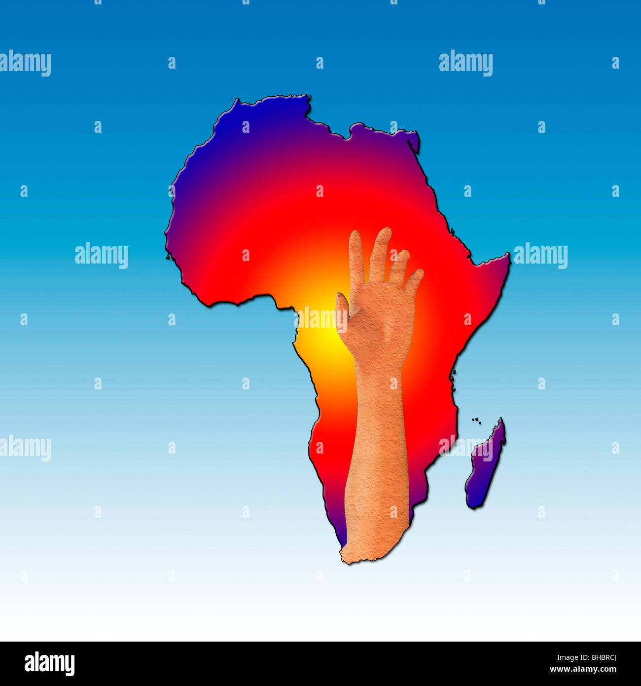 Map of Africa with a mans hand reaching up for help Stock Photo - Alamy
