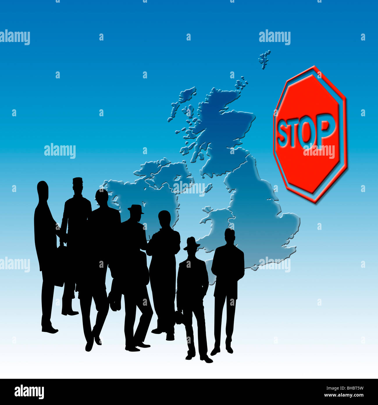 Stop Immigration! Conceptual image of people attempting to enter the UK ...