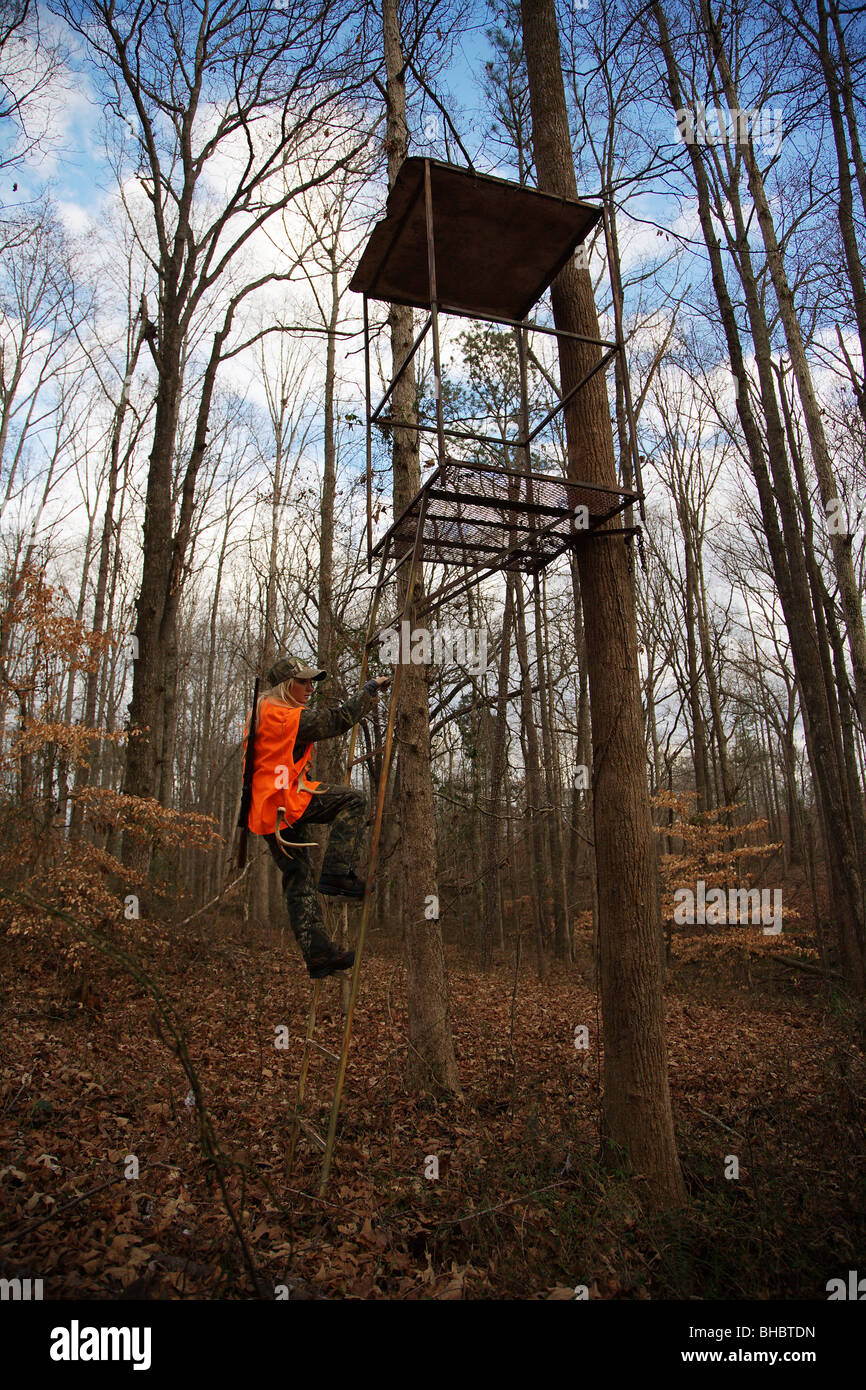 YOUNG WOMAN 21 Y.O. FEMALE HUNTER IN A TREE STAND HOLDING RIFLE ORANGE ...