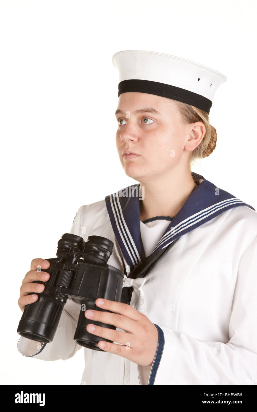 young female sailor with binoculars isolated on white Stock Photo - Alamy