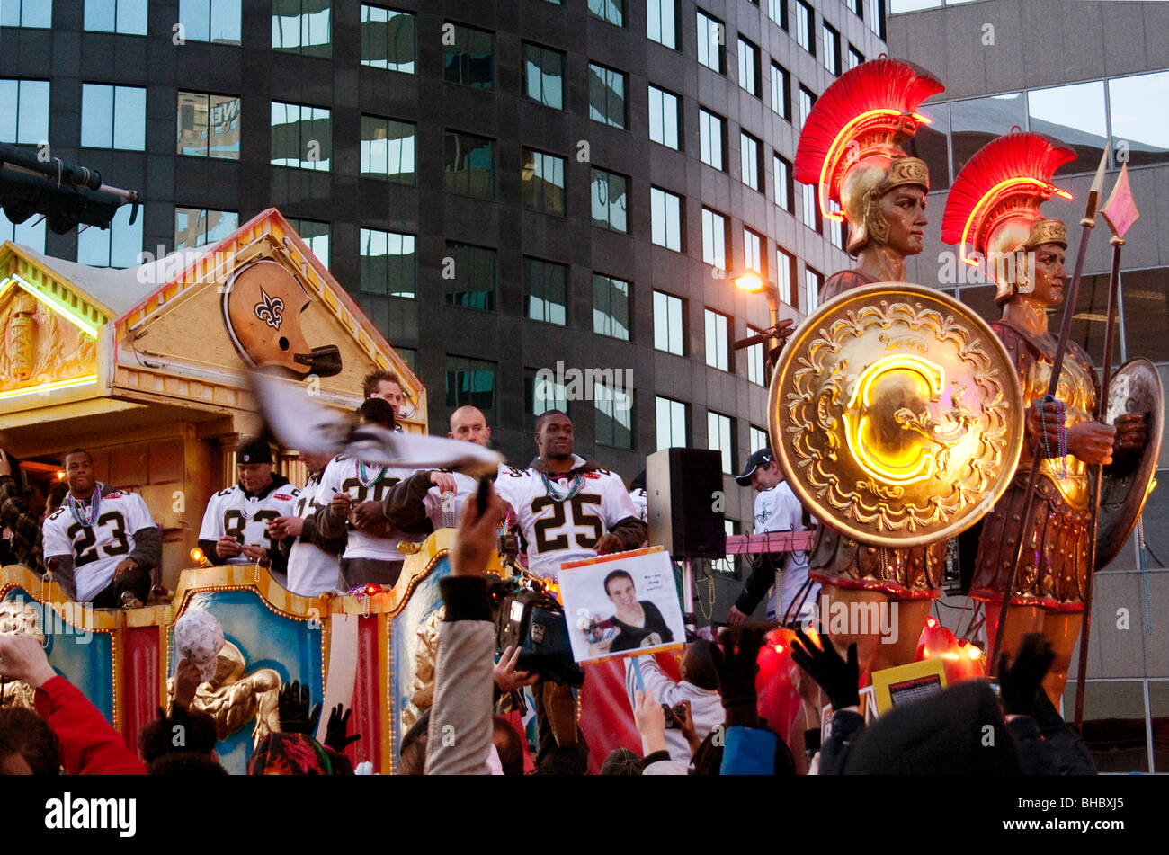 Saints football players riding float in Super Bowl Champions parade ...