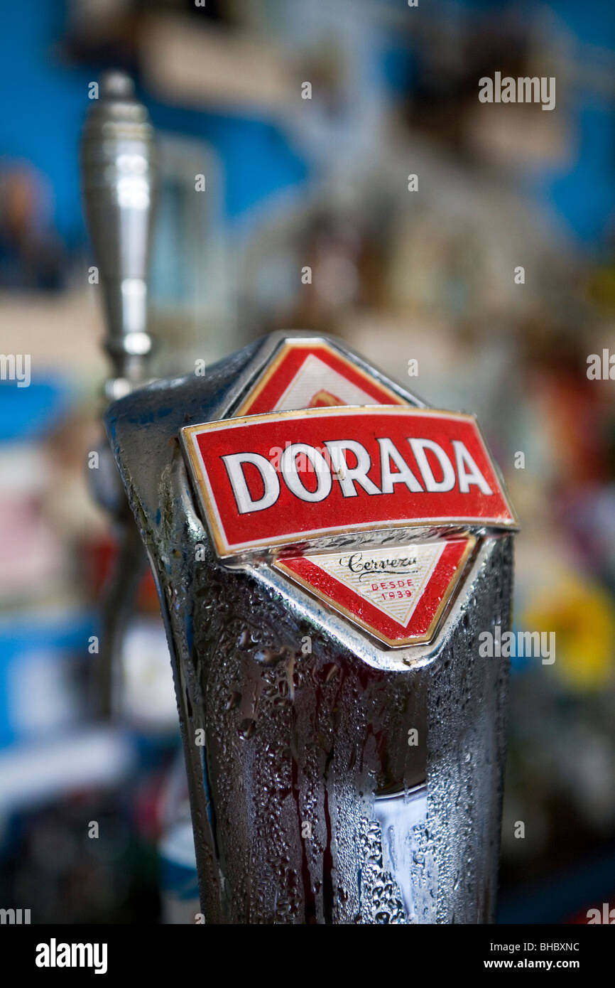 A beer pump, bearing the name of the local Tenerifian beer brand Dorada ...