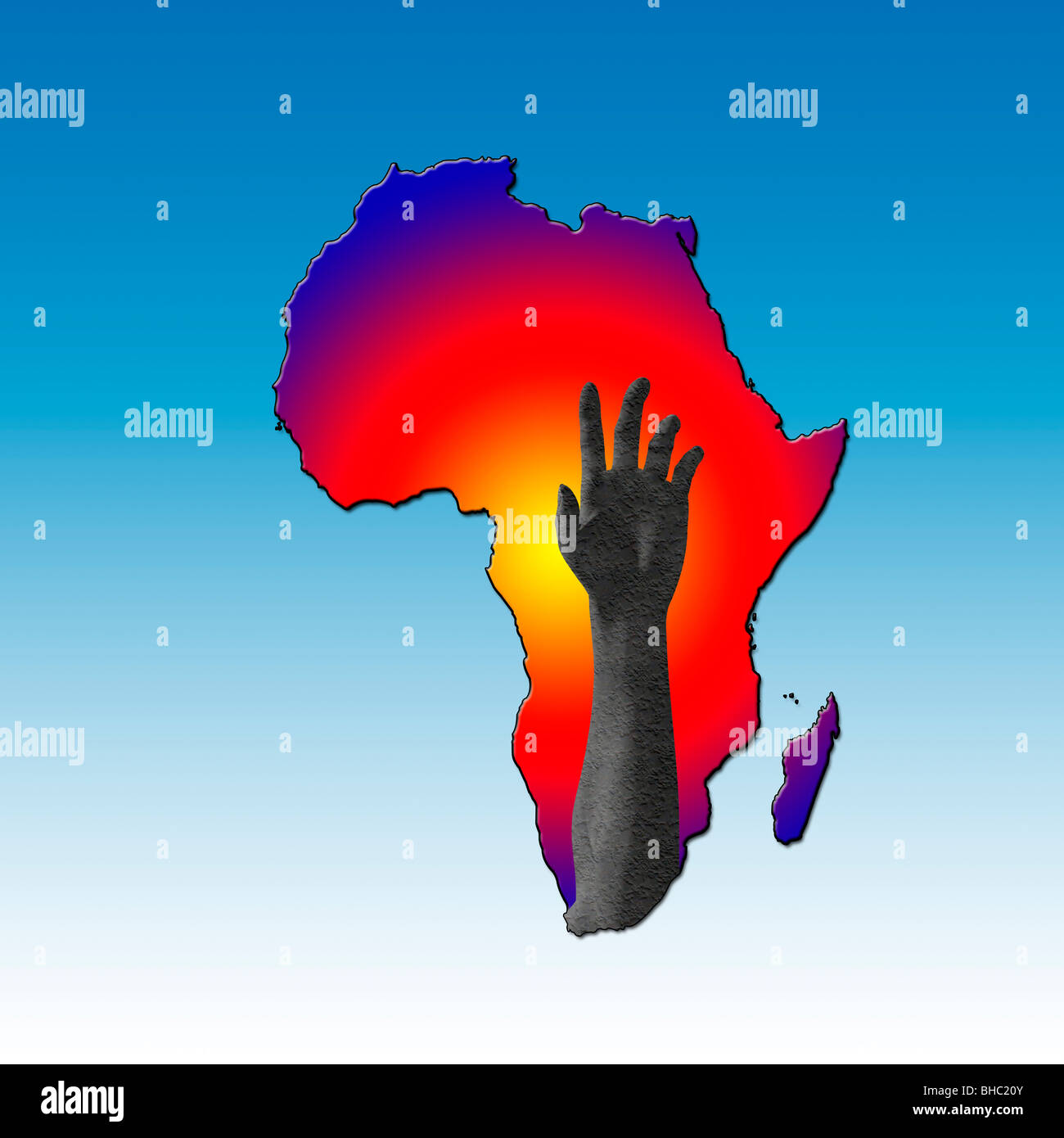 Map of Africa with a mans hand reaching up for help Stock Photo - Alamy