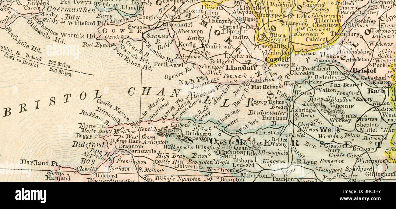 Original old map of Bristol Channel from 1884 geography textbook Stock ...