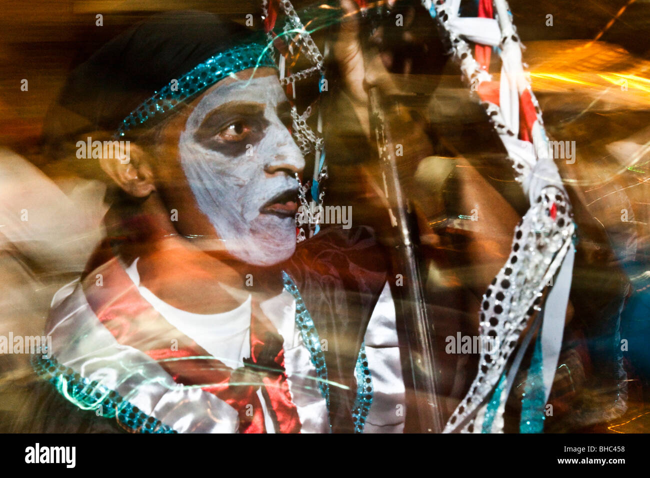 A performer in the parade of Llamadas during Carnaval in Montevideo ...