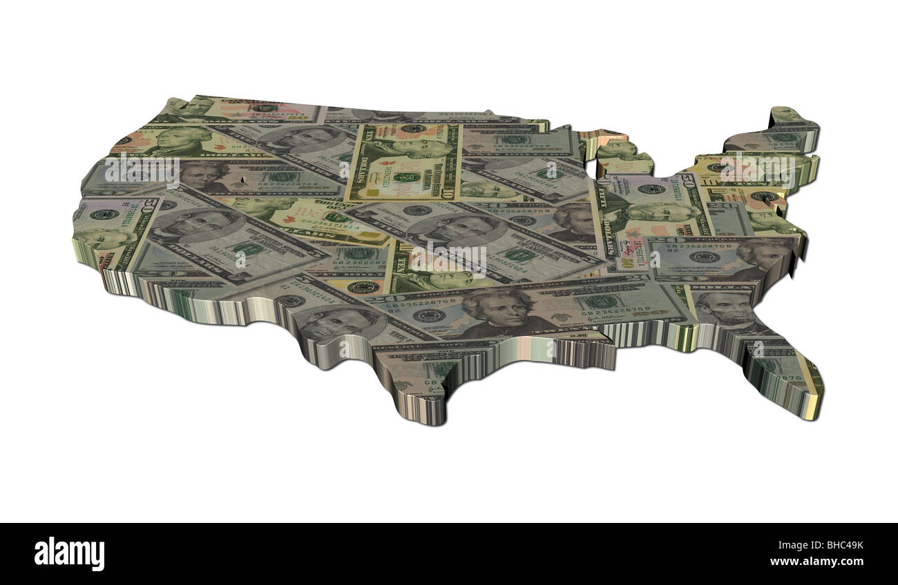 USA map 3d render with dollars illustration Stock Photo - Alamy