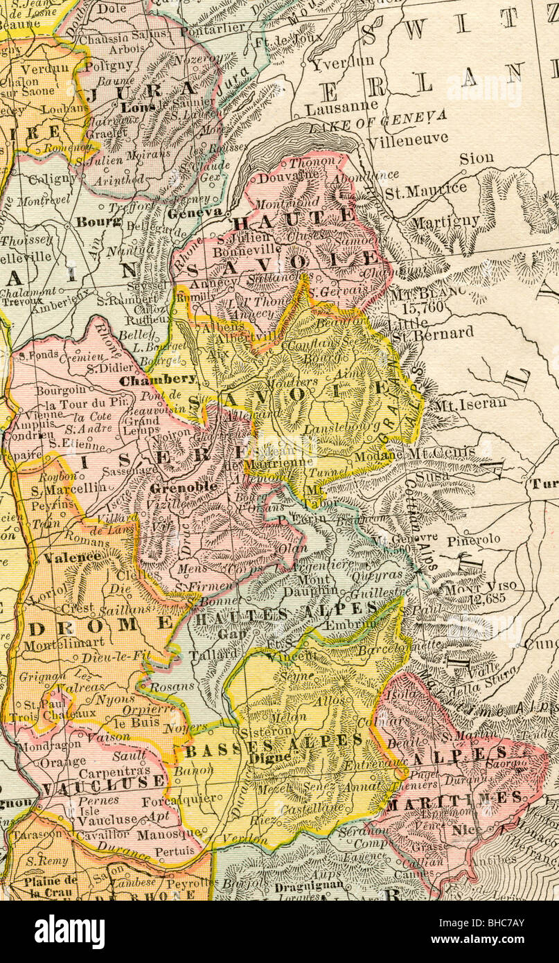 Original old map of French Alps from 1884 geography textbook Stock ...